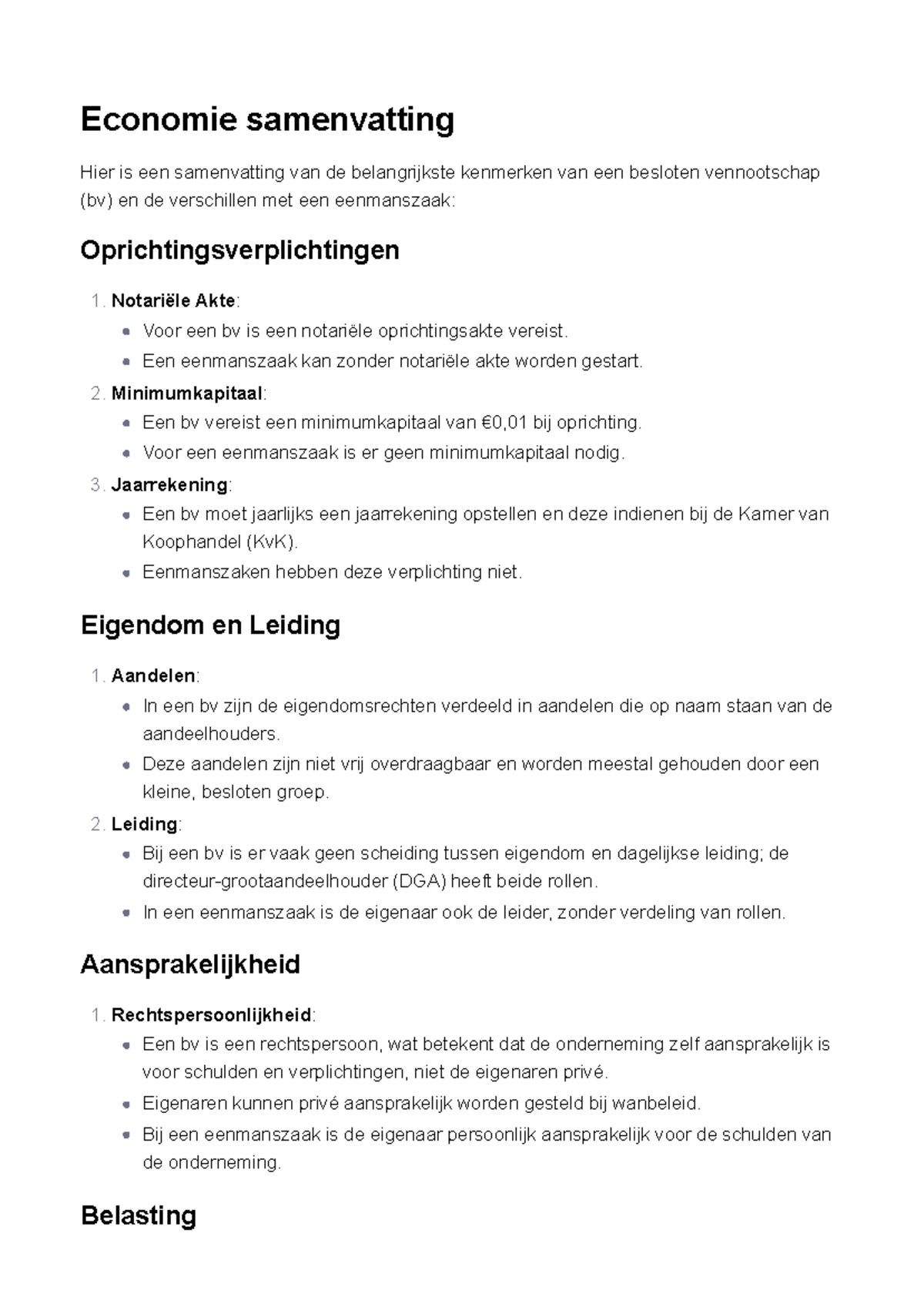 Economie Samenvatting: Kenmerken van Besloten Vennootschap vs ...