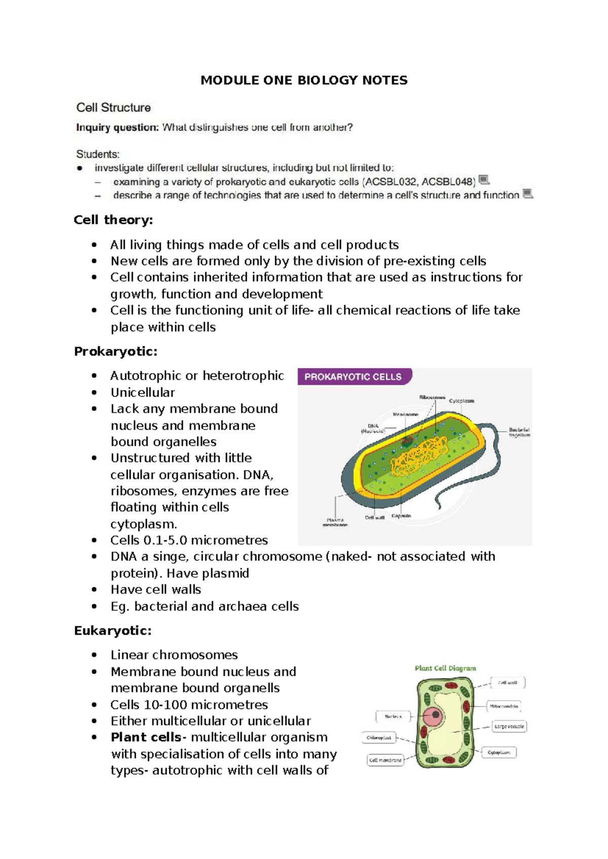 Module 1 Biology Notes: Cell Theory and Cellular Functions - Studocu