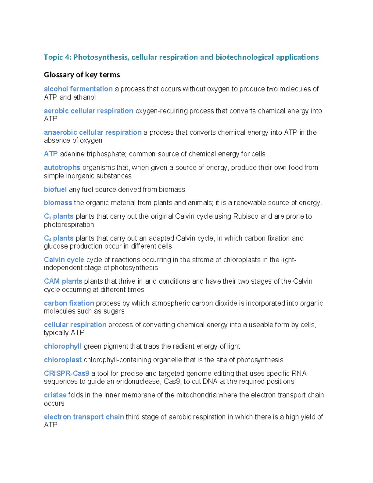 Glossary of Key Terms: Photosynthesis & Cellular Respiration - Studocu