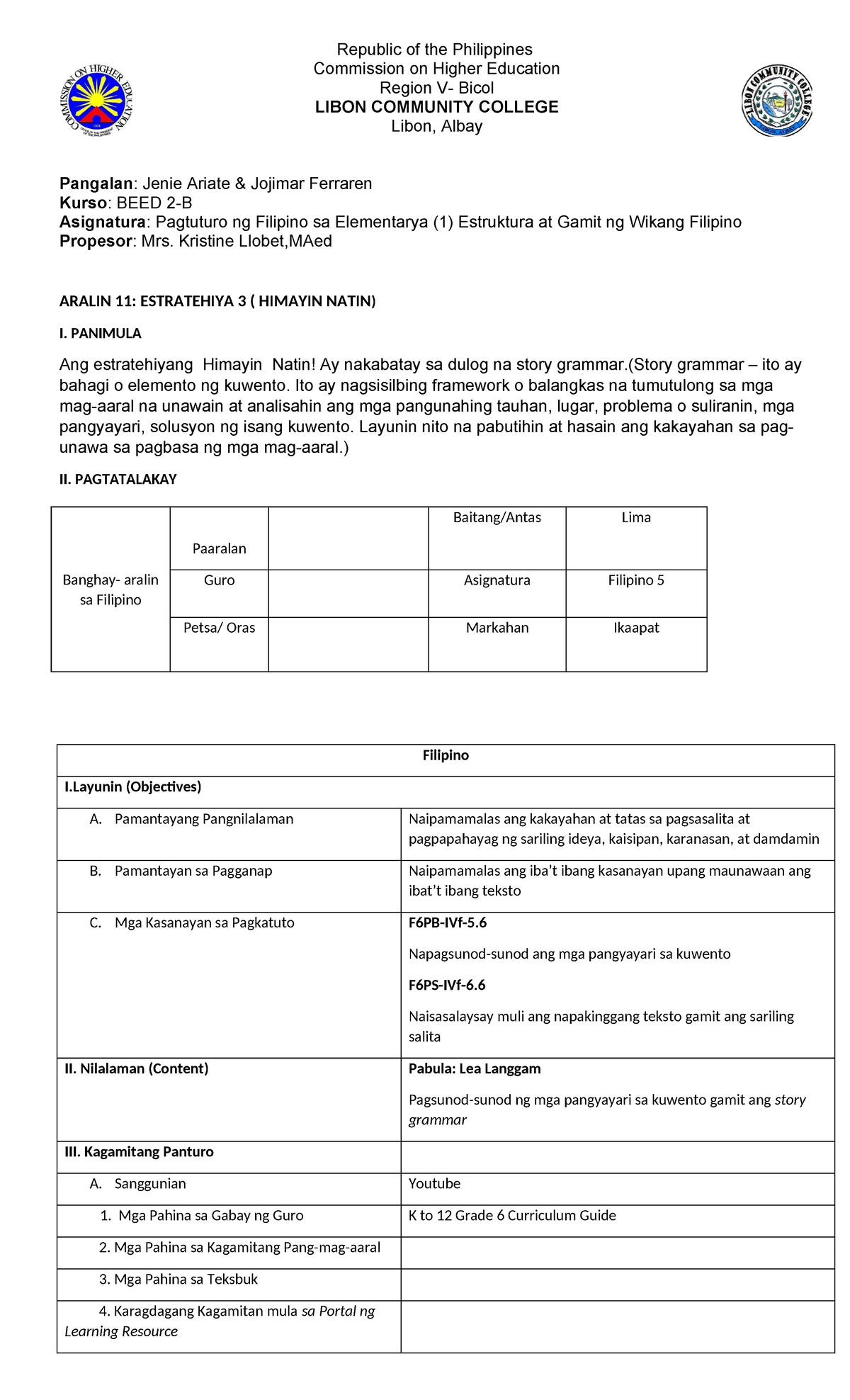 Filipino-LP - Lessonplan - Republic of the Philippines Commission on ...