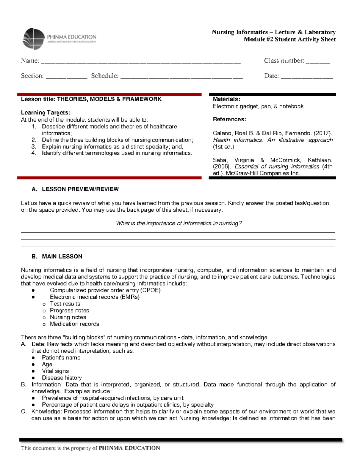 SAS #2 - Nursing Informatics - Module #2 Student Activity Sheet Name: - Studocu