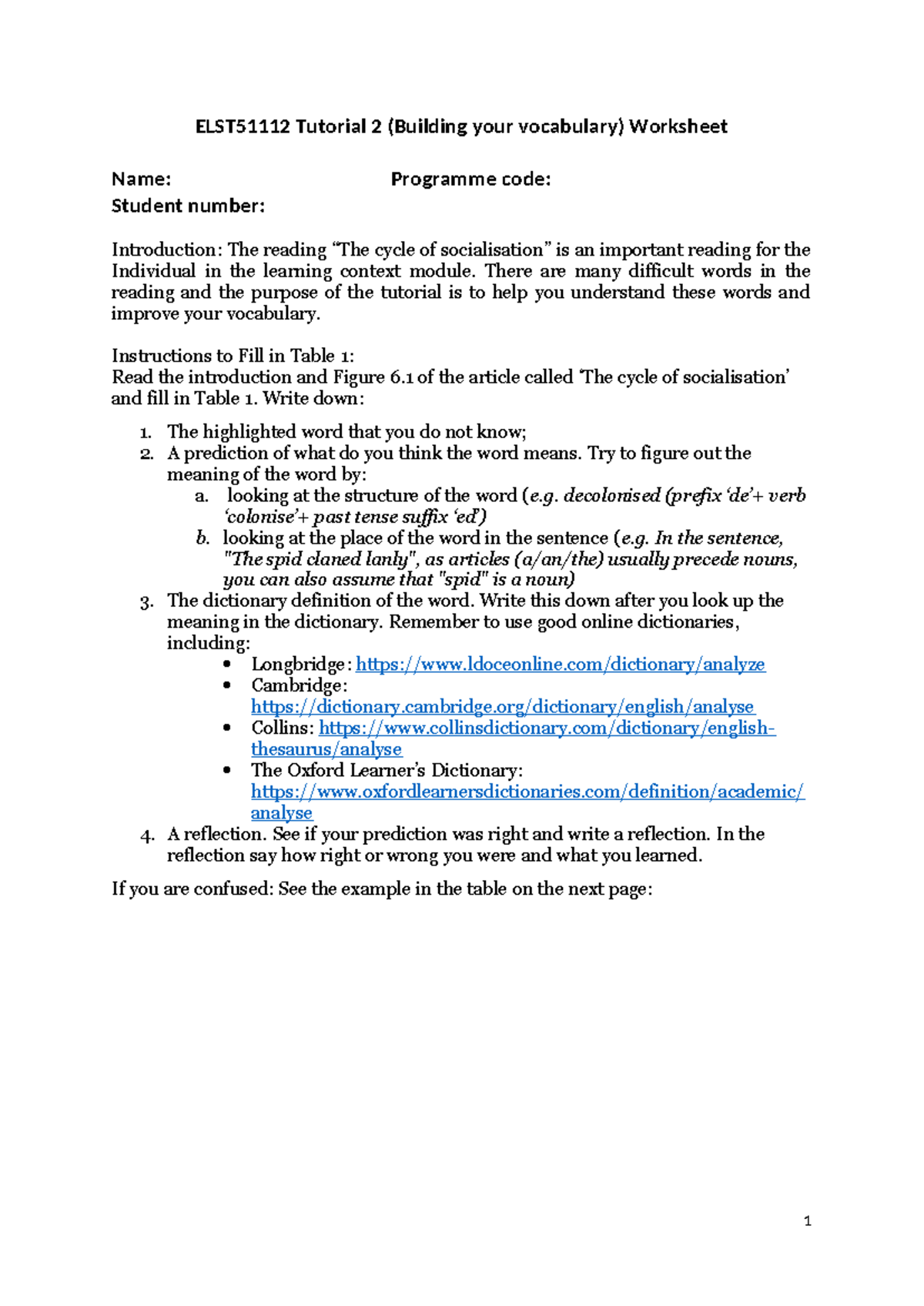 ELST51112 Tutorial 2: Vocabulary Building Worksheet - Studocu