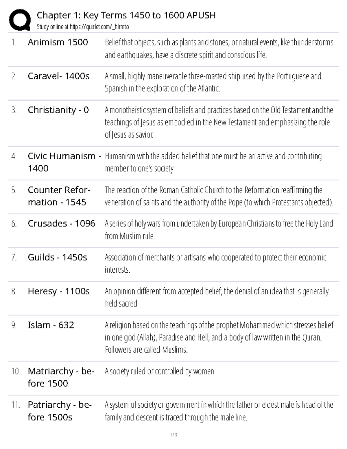 Chapter 1: Key Terms (1450-1600) for APUSH Exam Prep - Studocu