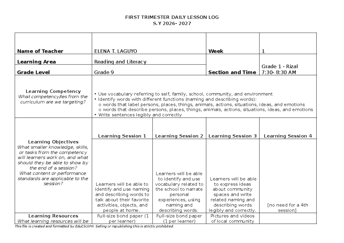 Grade 9 Reading & Literacy Daily Lesson Log - 1st Trimester S.Y. 2027 ...