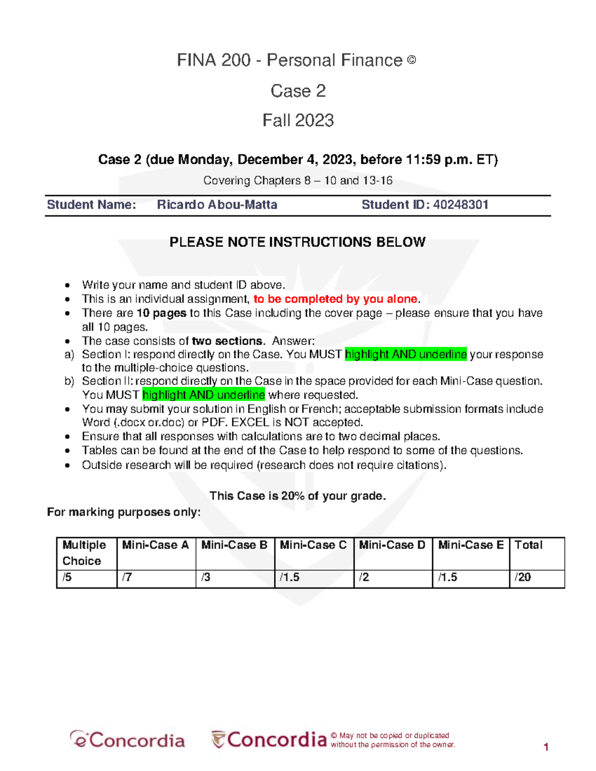 FINA 200 Personal Finance Case Study 2 - Fall 2023 Analysis - Studocu