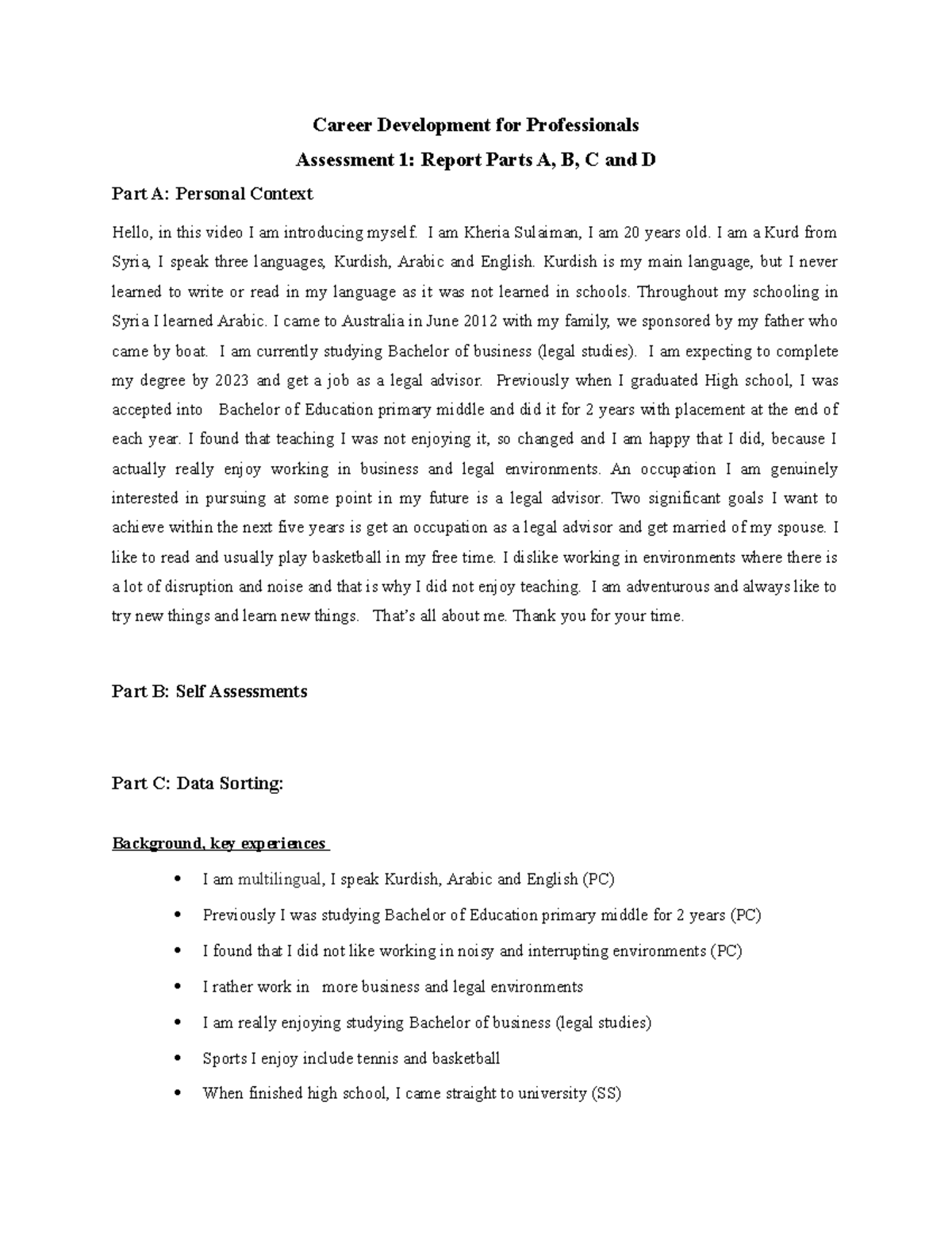 Assessment 1 - Career Development Report Parts A, B, C, and D - Studocu