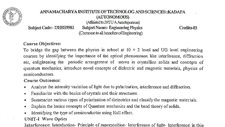 Engineering Physics (Common to All Branches) - Course Overview and Key ...