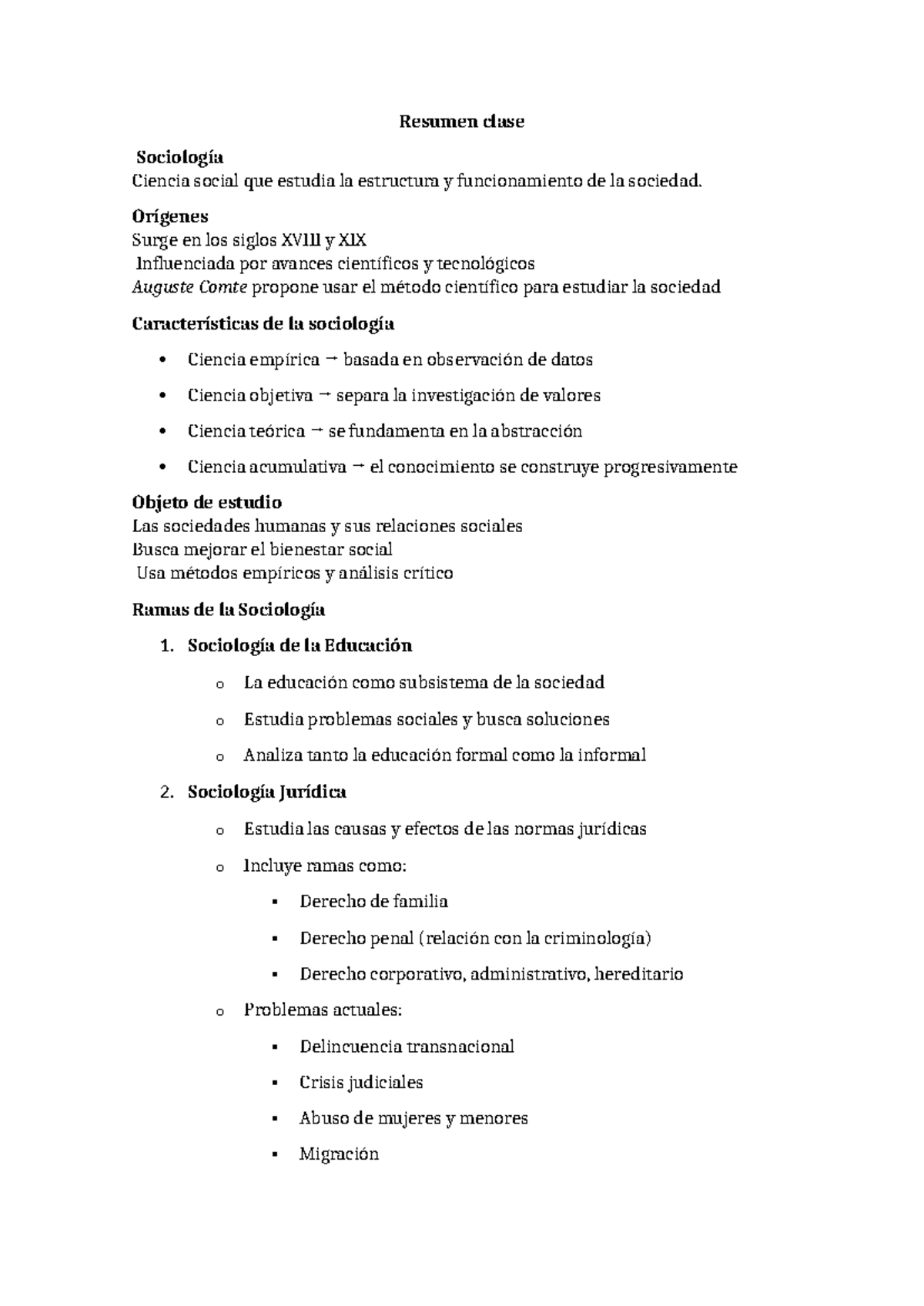 Resumen clase - CONCEPTO Y CARACTERÍSTICAS DE LA SOCIOLOGÍA - Studocu