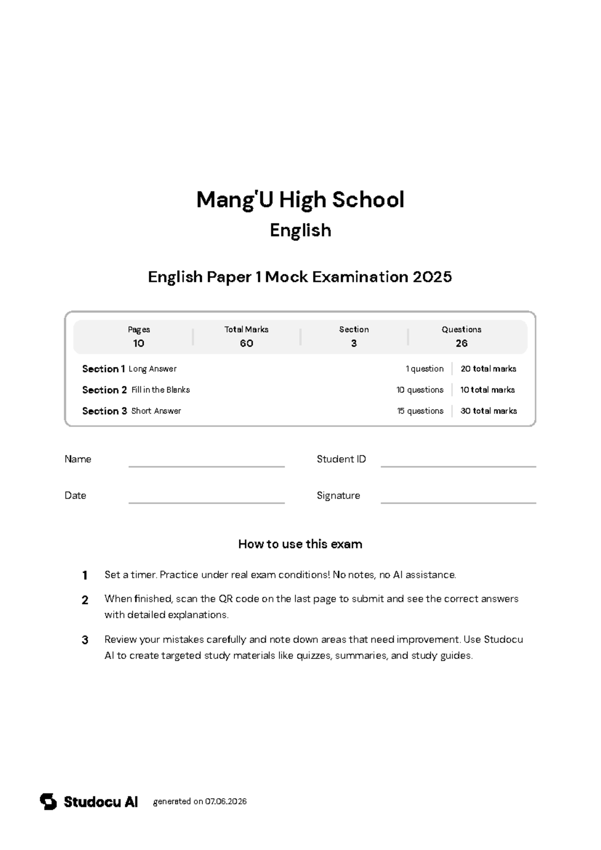 Mang'U High School English Paper 1 Mock Exam 2025 - Studocu