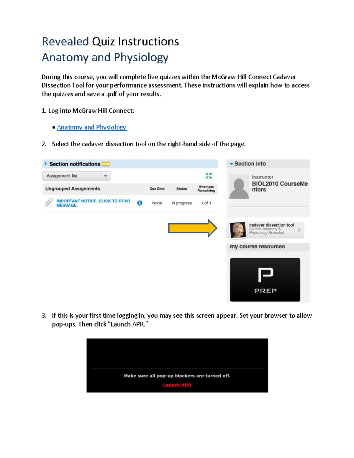 A&P Quiz Instructions: Accessing McGraw Hill Connect Tools - Studocu