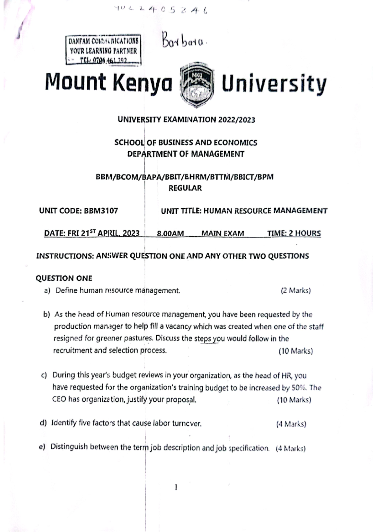 HRM Past Papers Collection for Exam Preparation - Studocu
