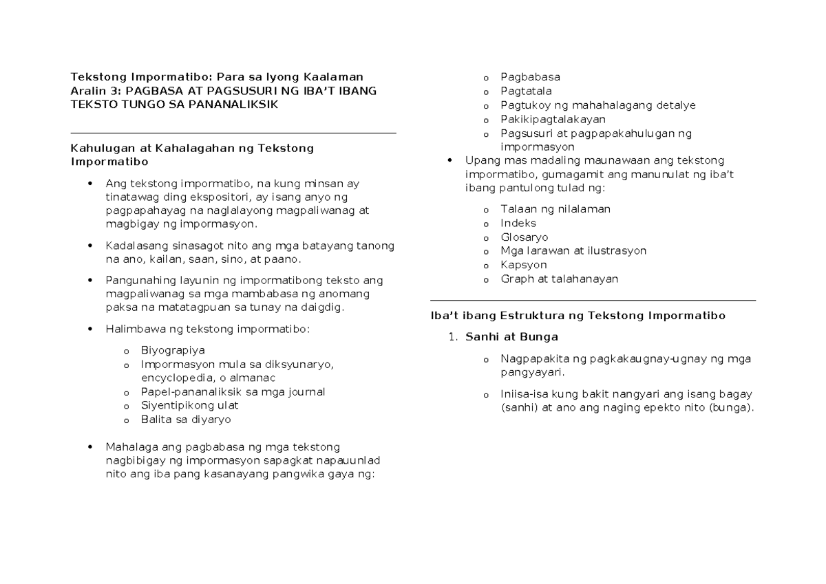 Tekstong Impormatibo: Aralin 3 sa PAGBASA AT PAGSUSURI NG IBANG TEKSTO - Studocu