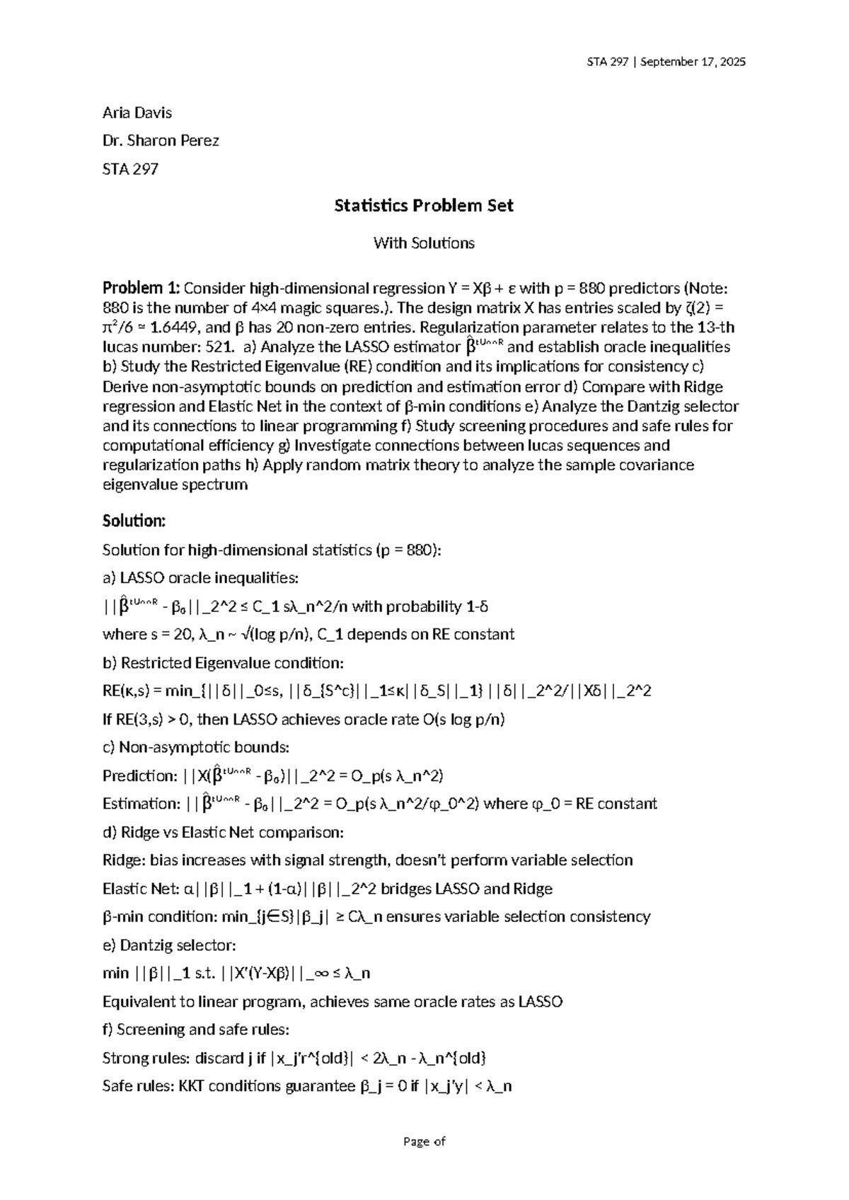STA 297 Statistics Problem Set Solutions with Advanced Analysis - Studocu