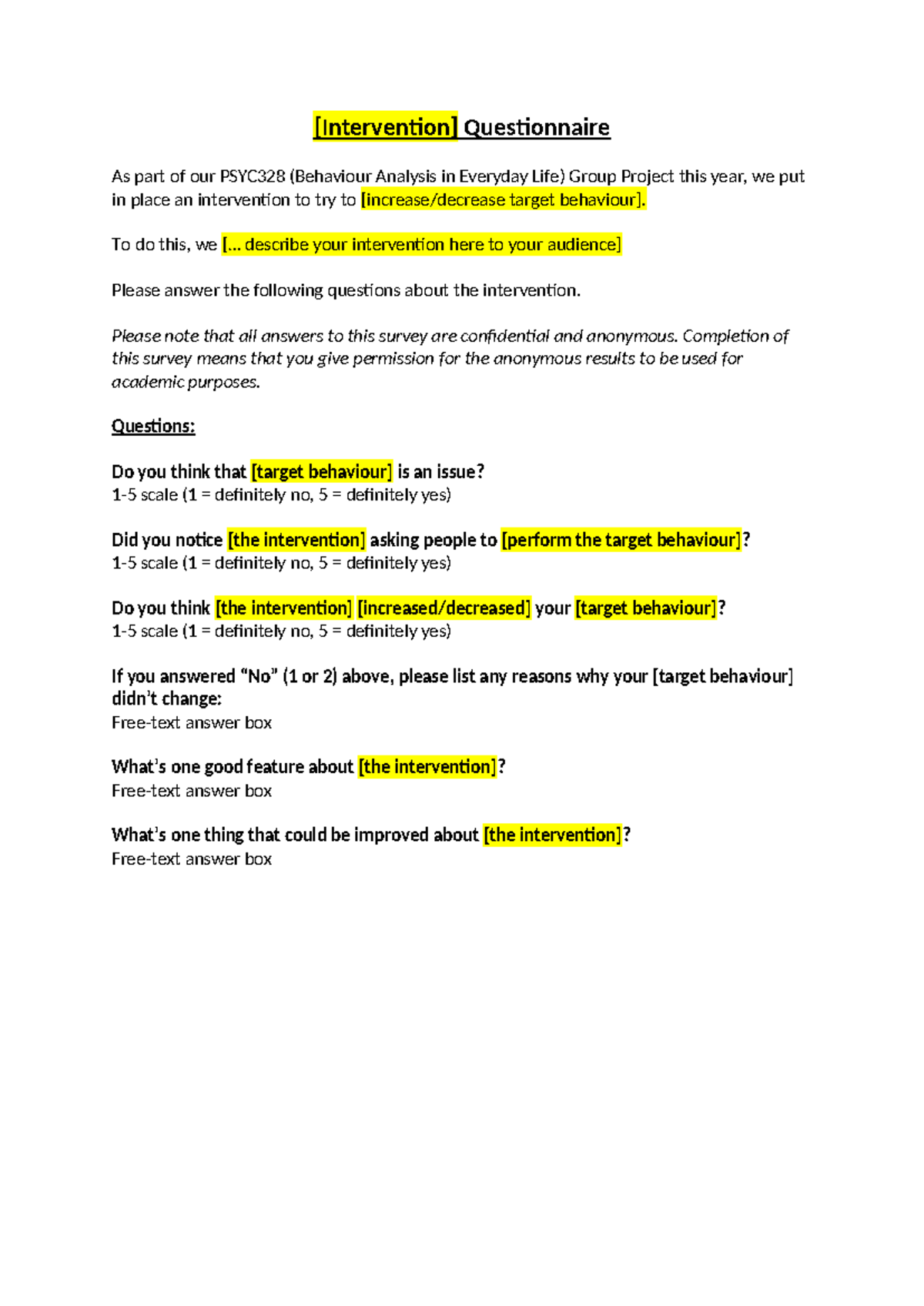 PSYC328 Group Project - Social Validity Questionnaire Template 2024 ...