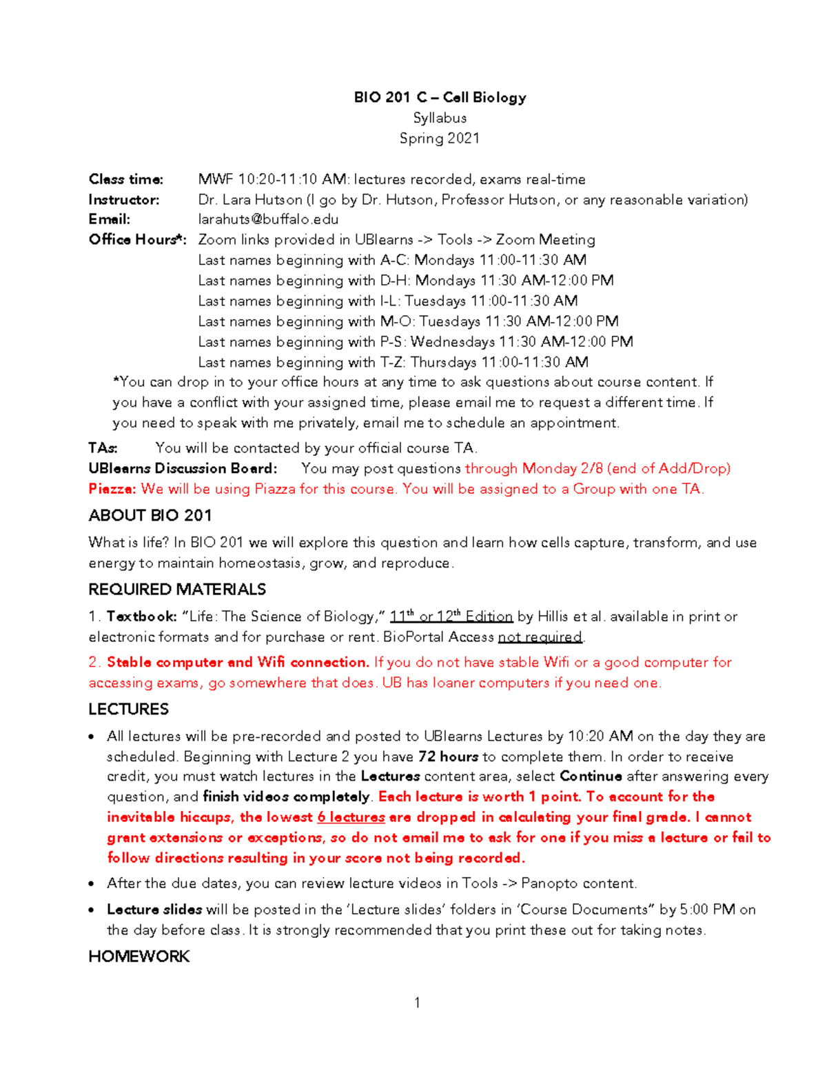 BIO201C Syllabus - Spring 2021 for Cell Biology Course - Studocu