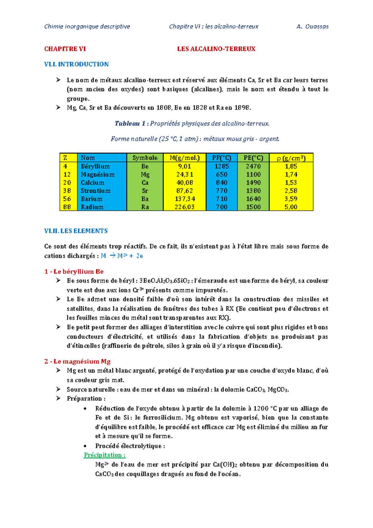 Chapitre VI : Les Métaux Alcalino-Terreux - Propriétés et Réactivités ...