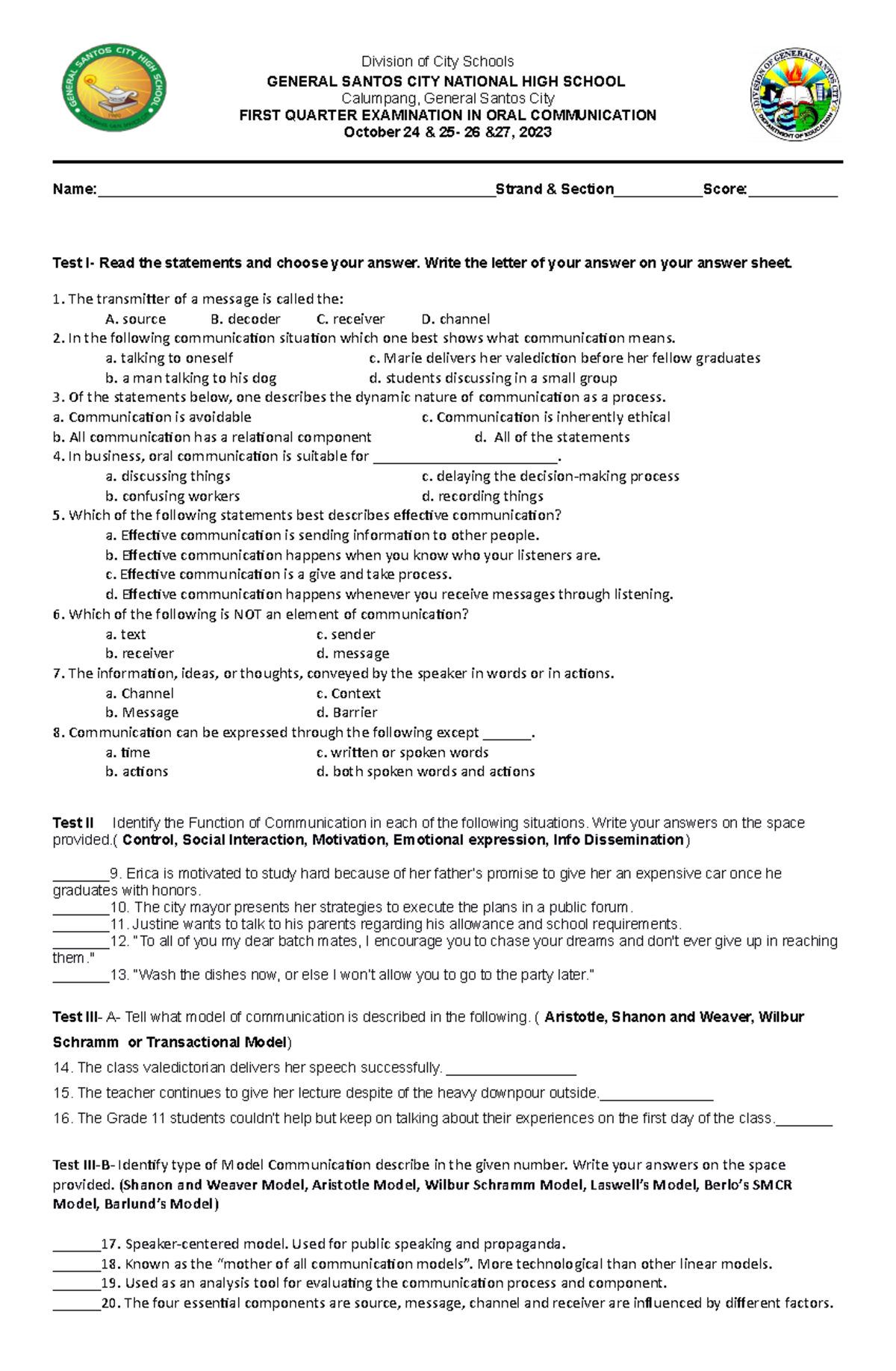 Exam Oral Comm - oral communication test - Division of City Schools ...