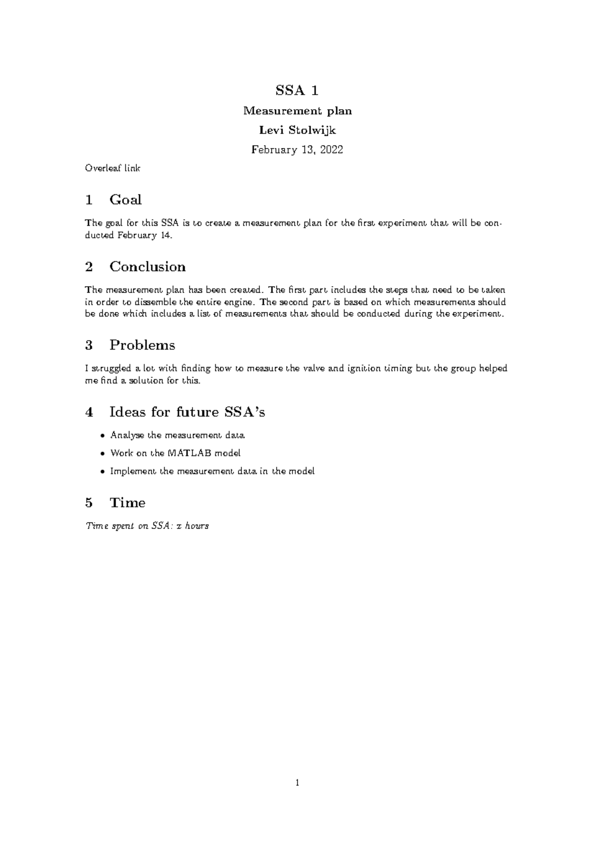 SSA 1 Measurement Plan for Combustion Engine Disassembly - Studeersnel