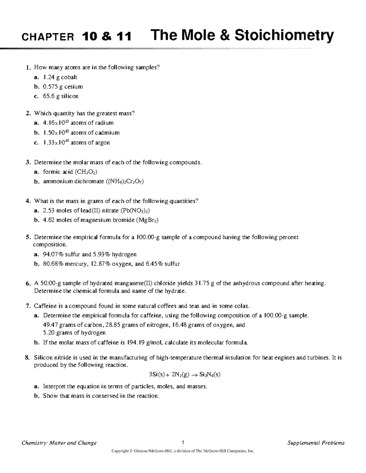 Unit 6 Supplemental Problems with Answer Key: Mole & Stoichiometry ...