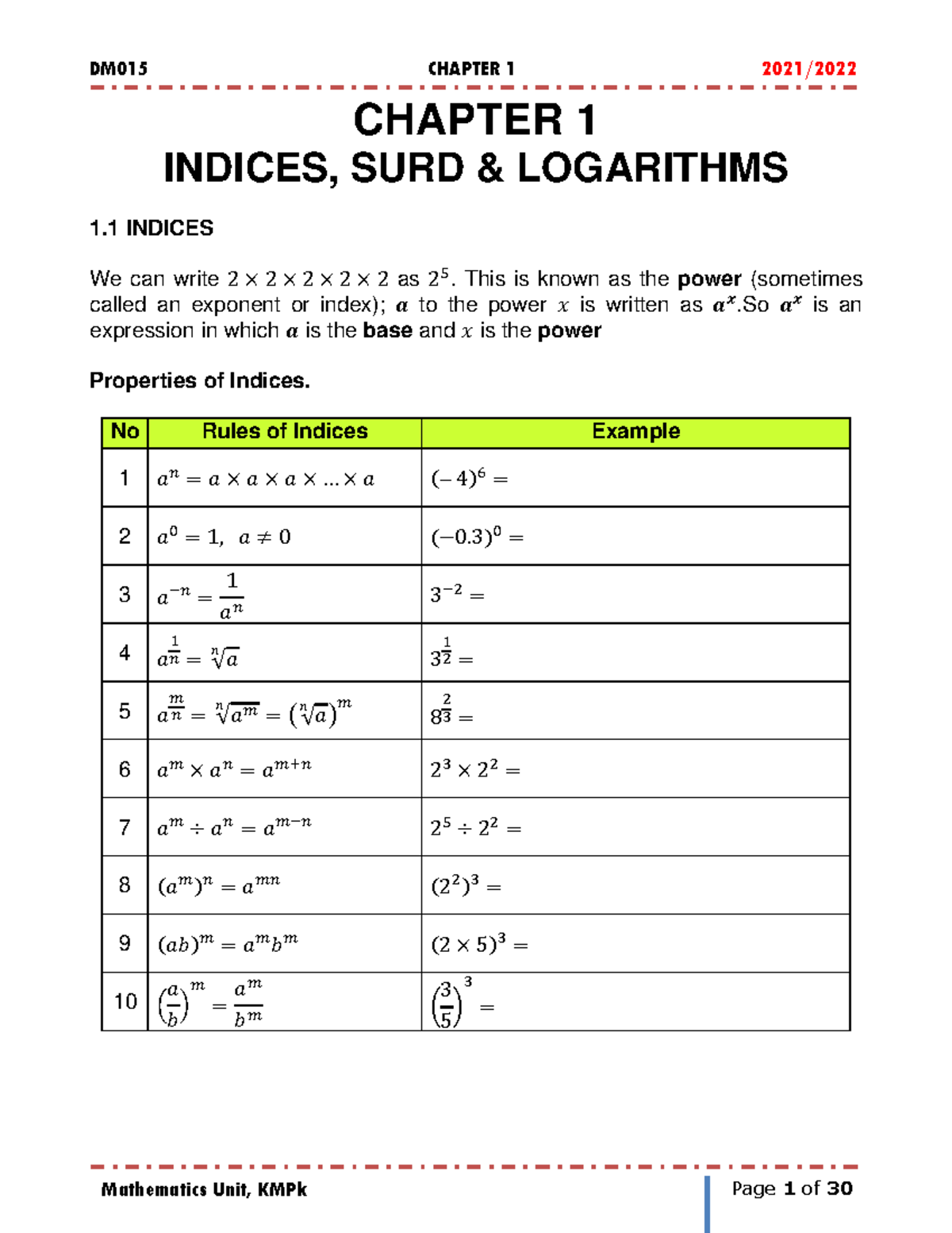 Chapter 1 DM015 Indices 2021 - CHAPTER 1 INDICES, SURD & LOGARITHMS 1 INDICES We can write 2 × 2 ...