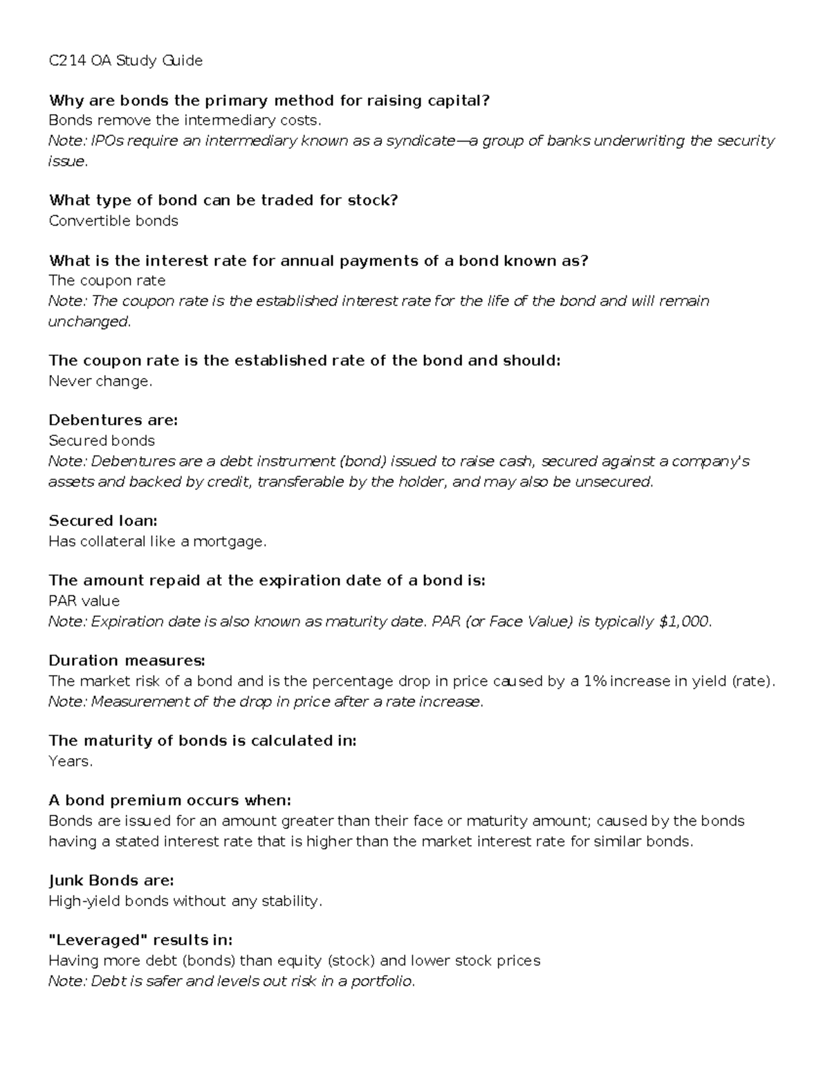 C214 OA Study Guide: Understanding Bonds and Financial Concepts - Studocu