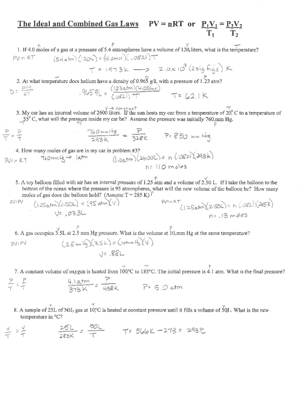 Ideal and Combined Gas Law answers - The Ideal and Combined Gas Laws PV ...