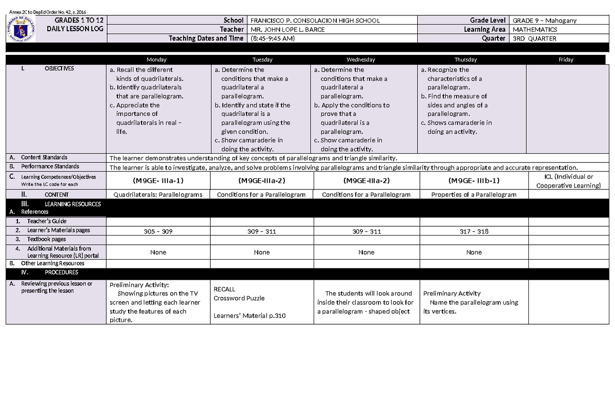 MATH 9 Daily Lesson Log: Parallelograms & Quadrilaterals - 3rd Quarter ...