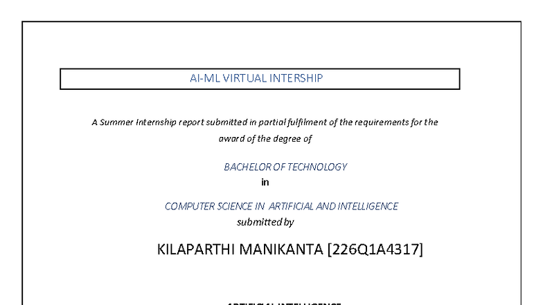 B.Tech CSE (AI) Summer Internship Report on Virtual Internship ...