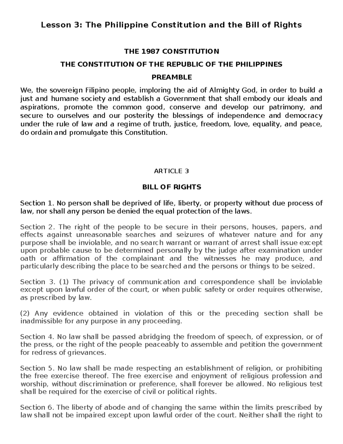Lesson 3: Bill of Rights - Article 3 of the Philippine Constitution - Studocu