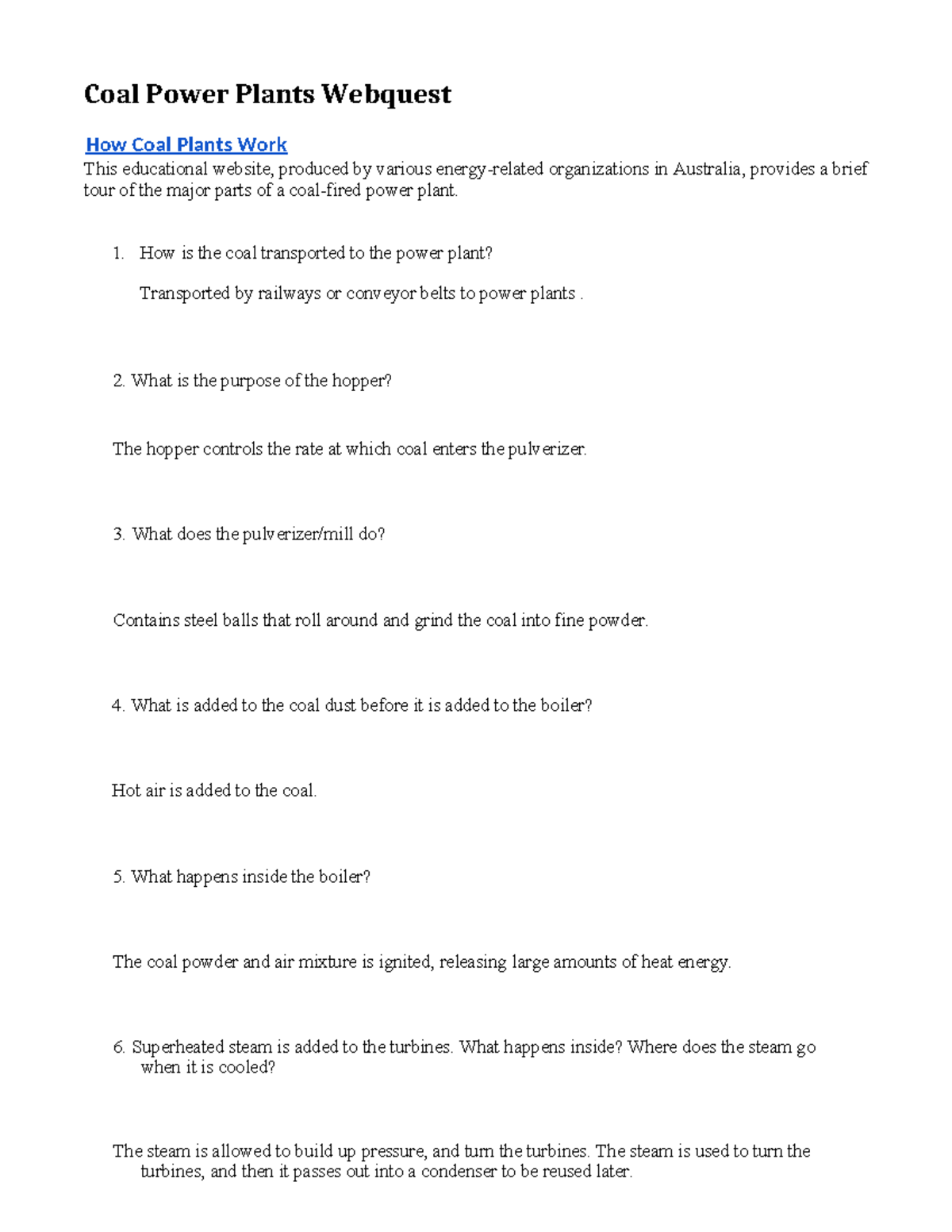 Coal power plants webquest: Understanding how coal plants work - Studocu