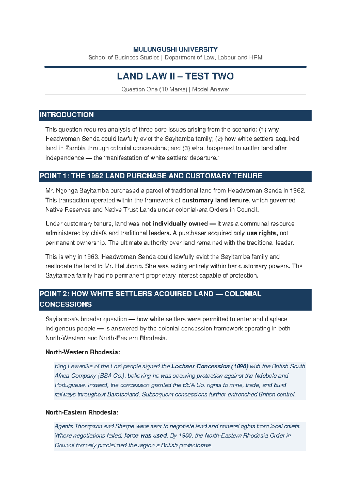 MULUNGUSHI UNIVERSITY Land Law II Test Two Model Answer Analysis - Studocu