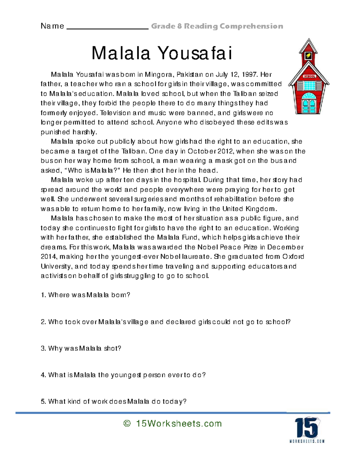 Grade 8 Reading Comp: Malala Yousafzai's Inspiring Journey - Studocu