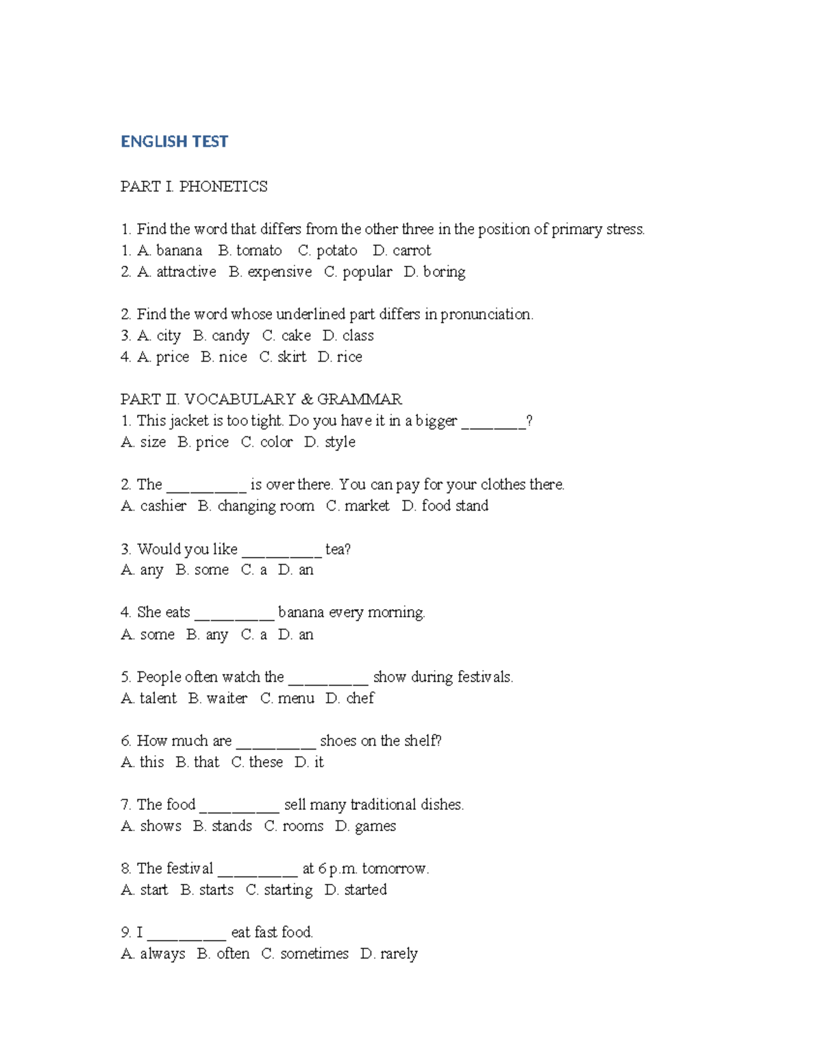 ENGLISH TEST PART I: PHONETICS & VOCABULARY GRAMMAR - Studocu