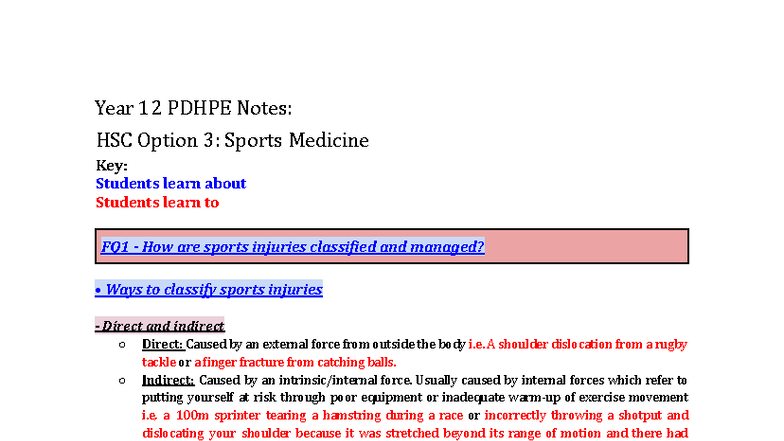 Year 12 PDHPE HSC Sports Medicine Notes: Injury Classification ...