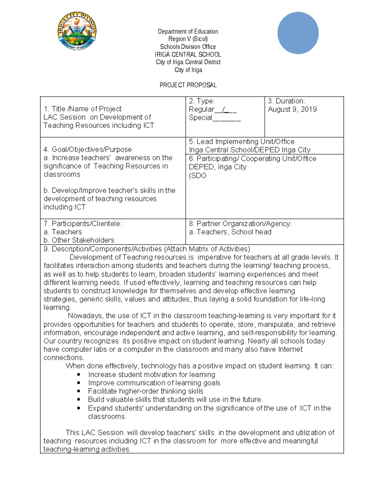 LAC Session Proposal on Teaching Resources & ICT Utilization - August 2019 - Studocu