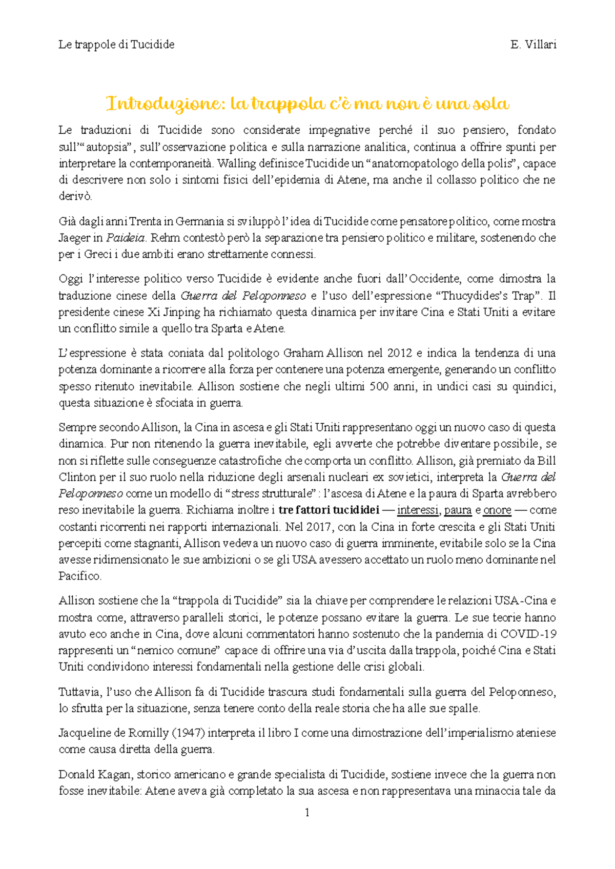 Le trappole di Tucidide: Analisi e Riflessioni su E. Villari - Studocu