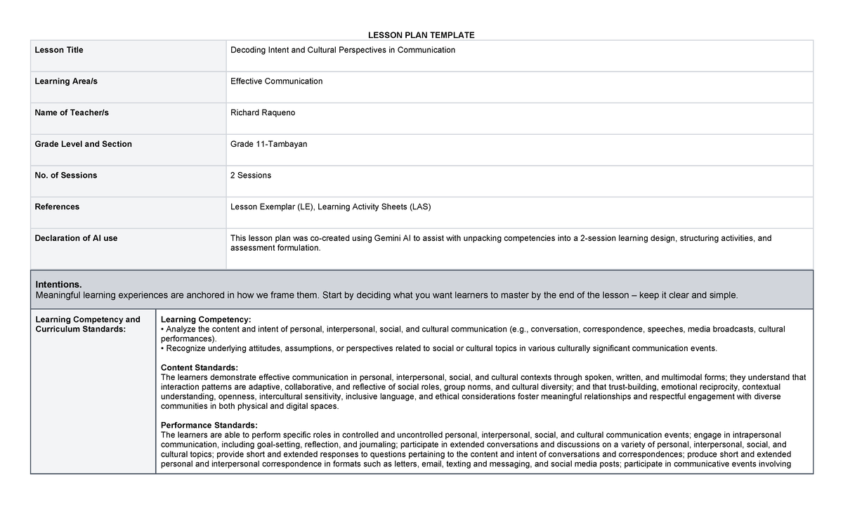 EC T1 W3 - Lesson Plan on Decoding Intent in Communication - Studocu
