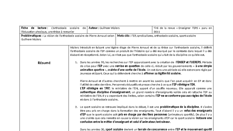 Fiche de Lecture : Scolaire et Sport selon Guilhem Véziers - Studocu