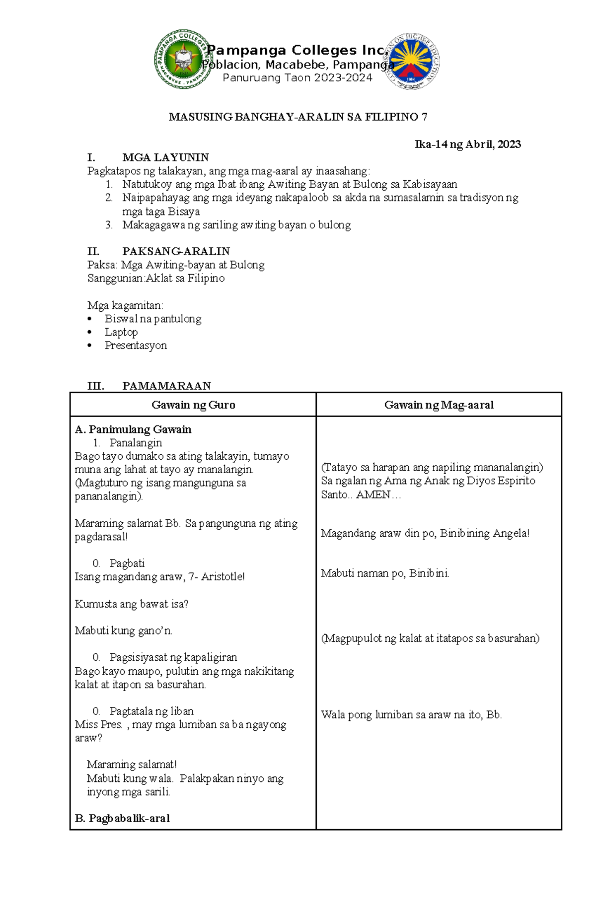 Masusing Banghay Aralin sa Filipino 7: Mga Awiting Bayan at Bulong ...