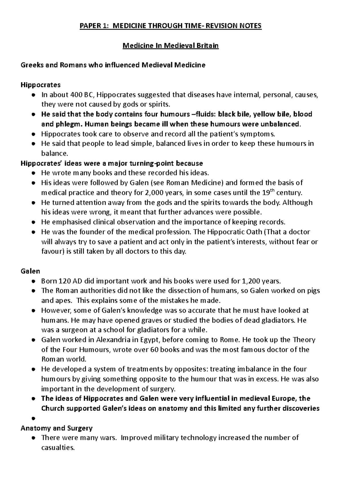 Medicine Revision Notes for Paper 1 - Medicine Through Time (Medieval ...