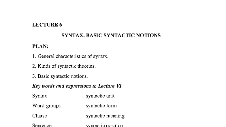 LECTURE 6: BASIC SYNTACTIC NOTIONS IN SYNTAX - Studocu
