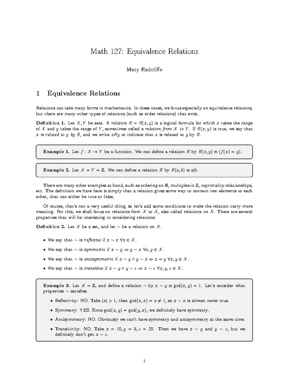 Math 127: Equivalence Relations Notes by Mary Radcliffe - Studocu
