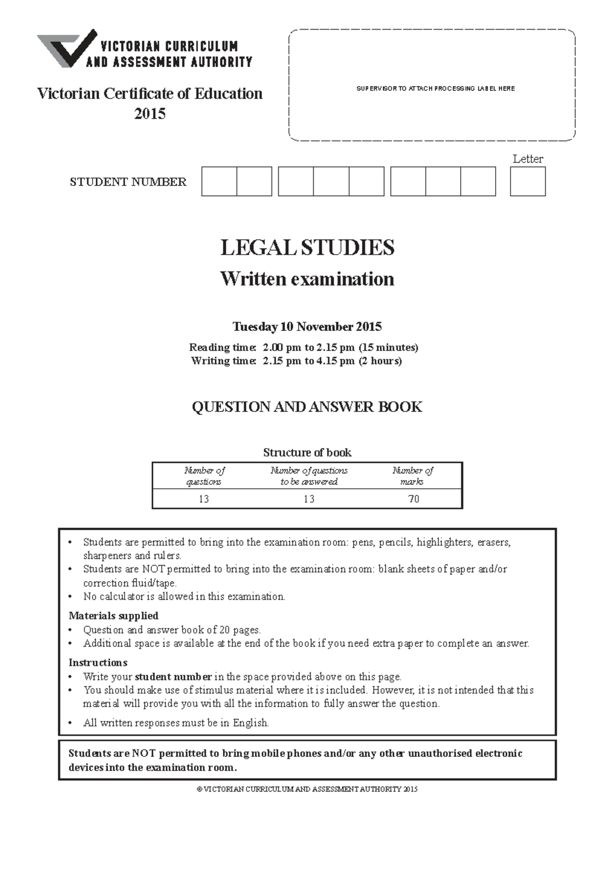 2015 Legal Studies Exam - VCE Question & Answer Book - Studocu