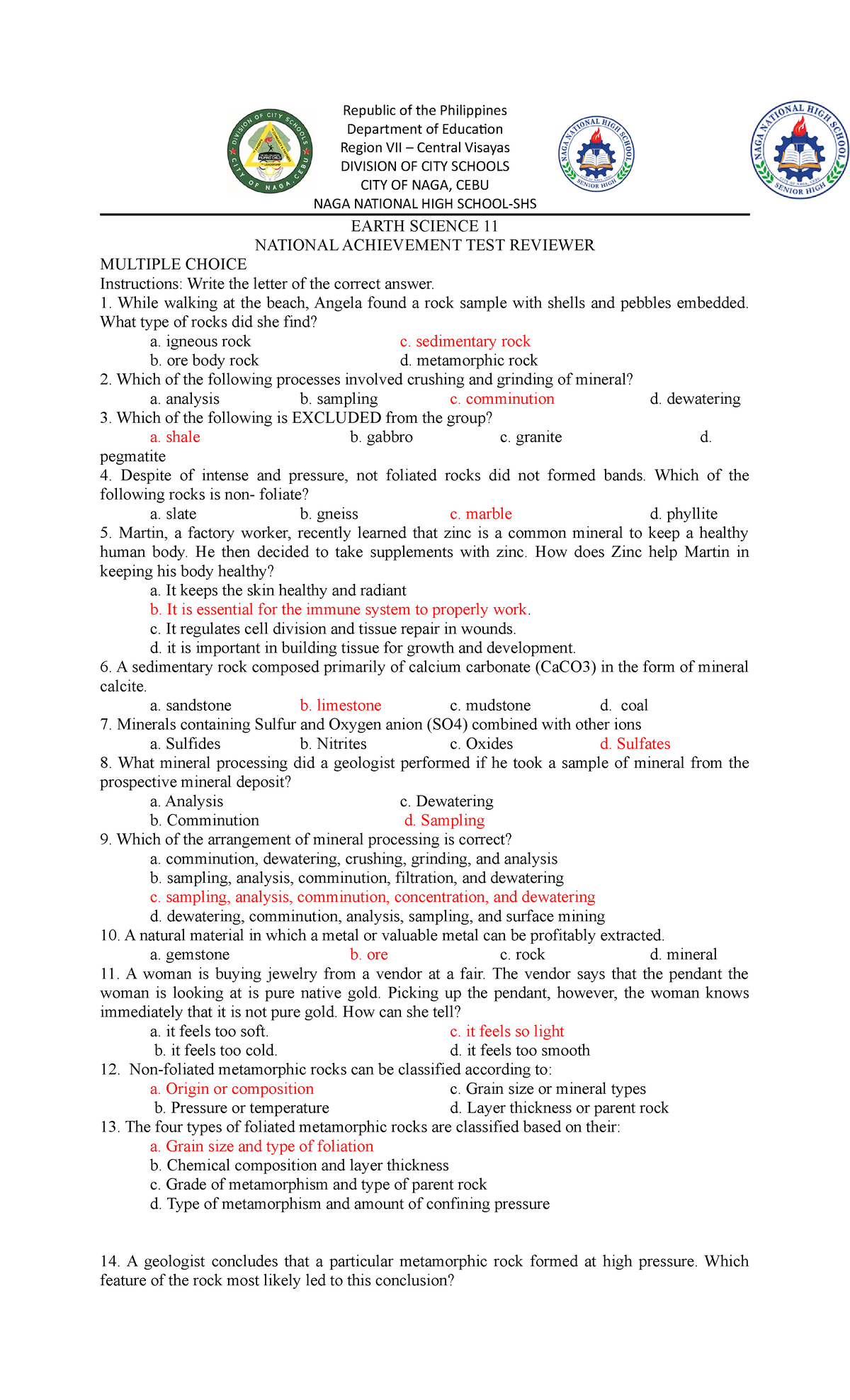 Earth Science 11 NAT Reviewer 2022-2023: Answer Key and MCQs - Studocu