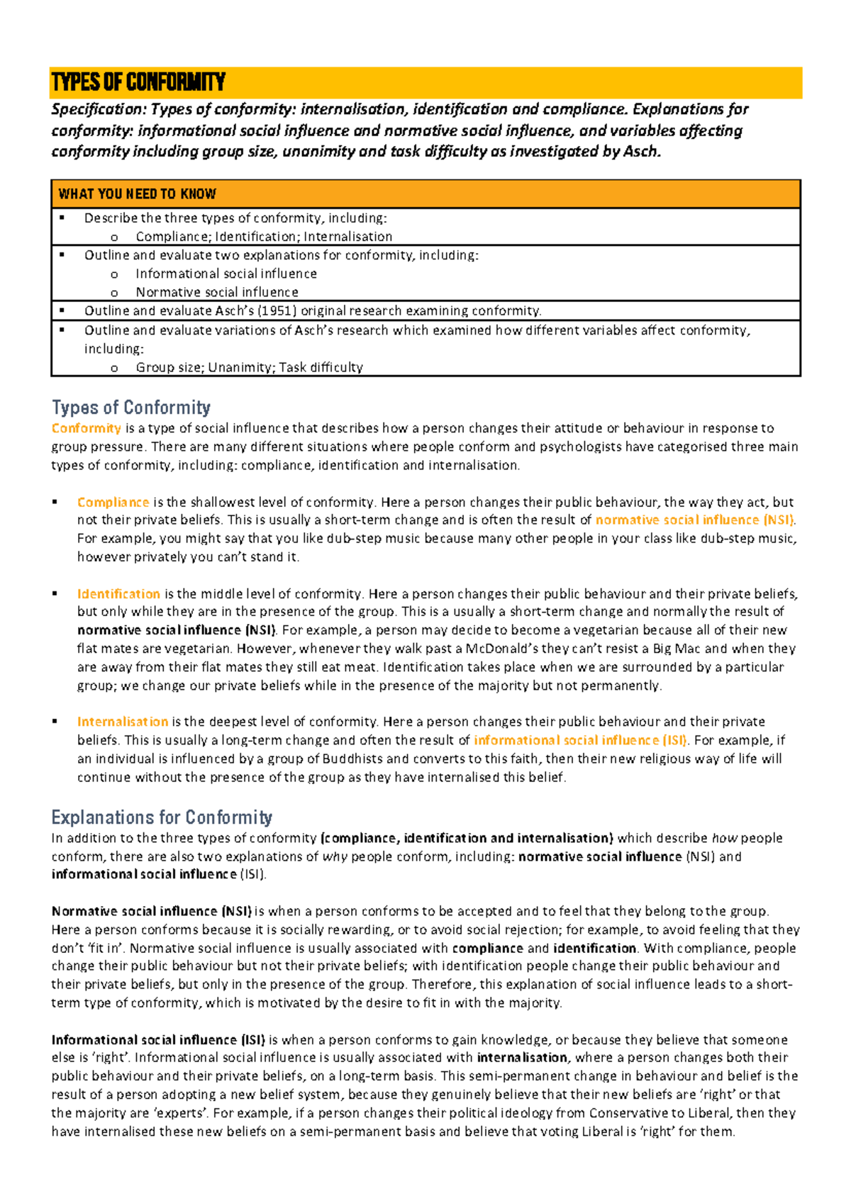 AQA A-Level Psychology: Social Influence Types & Explanations - Studocu