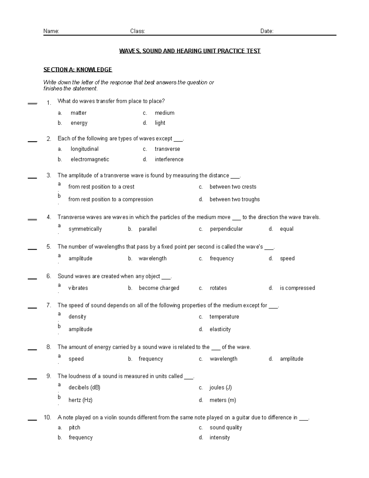 MECH 101 - Waves, Sound & Hearing Unit - Practice Test - Studocu