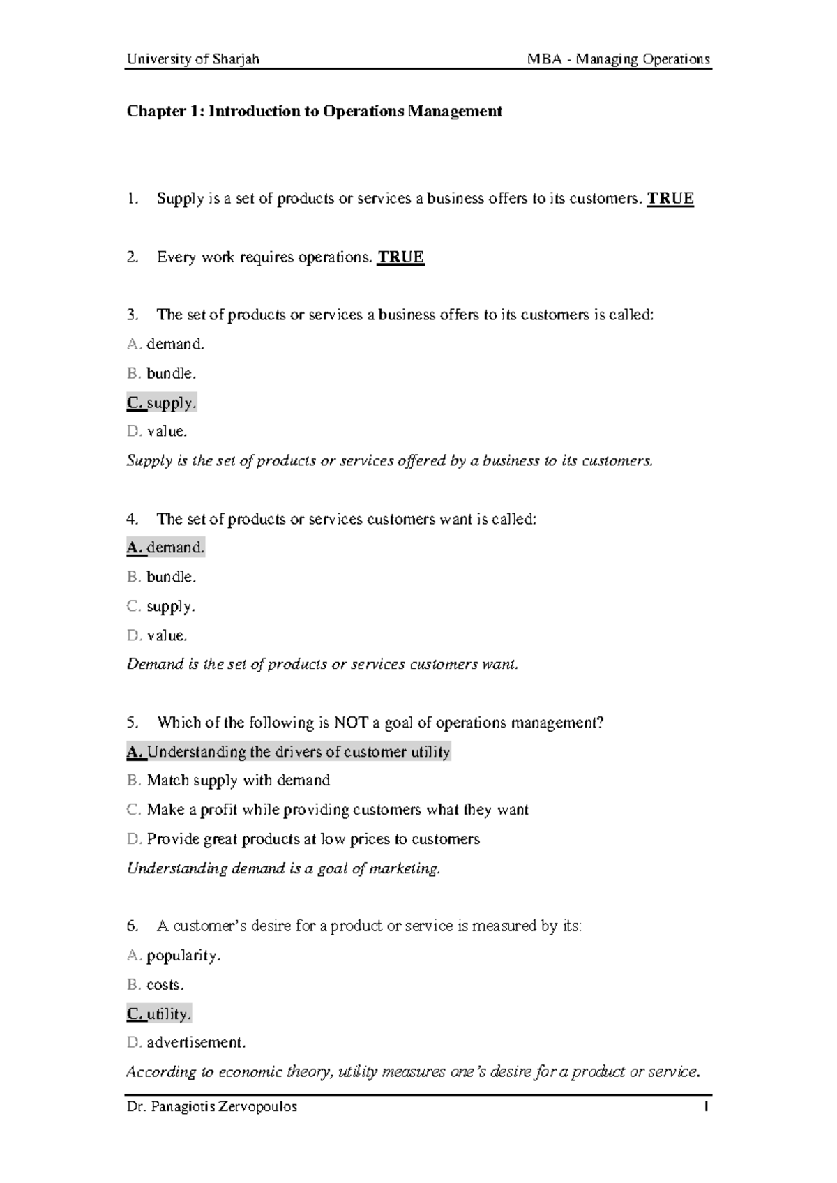 University of Sharjah MBA Managing Operations Chapter 1 MCQs & Answers ...