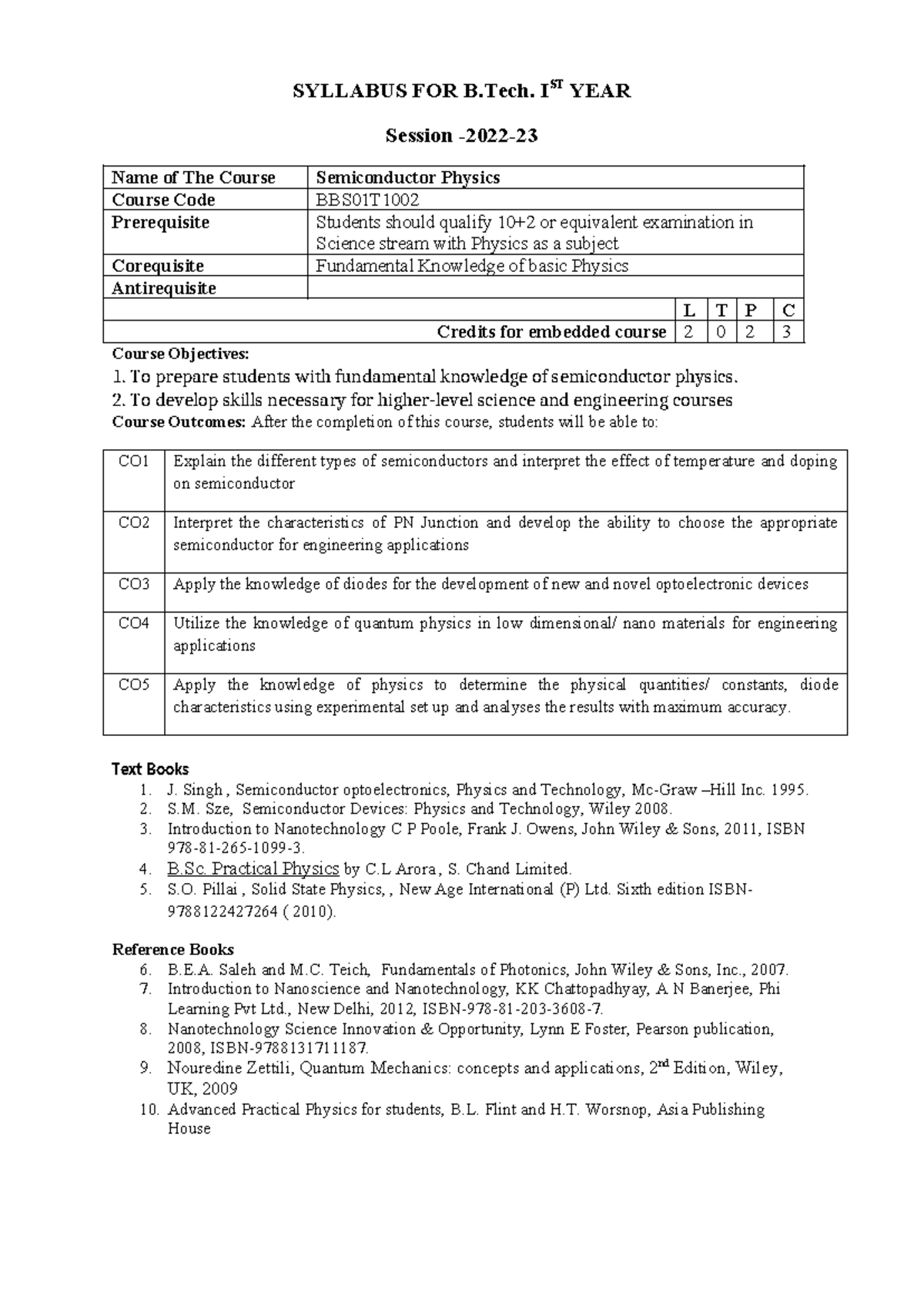 Syllabus for B.Tech. Semiconductor Physics BBS01T1002 (2022-23) - Studocu