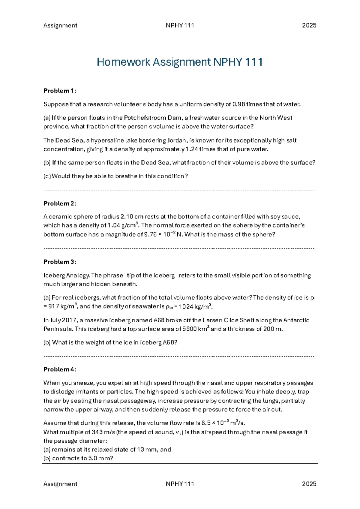 Homework Assignment NPHY 111: Fluid Dynamics and Density Problems - Studocu
