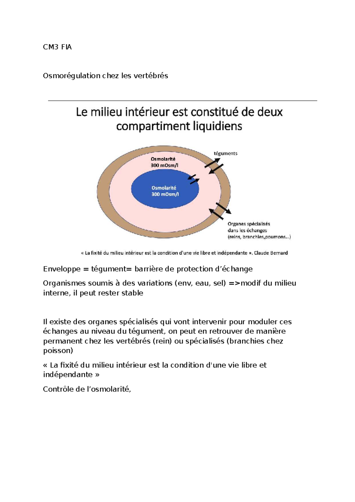 CM3 FIA - Notes de Cours sur l'Osmorégulation chez les Vertébrés - Studocu